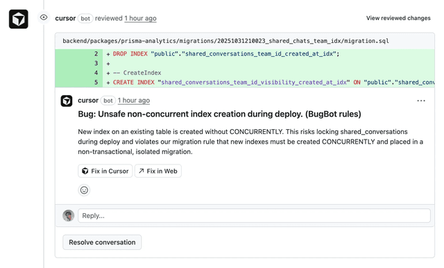 Reviewing database migrations with Bugbot rules | Cursor Docs